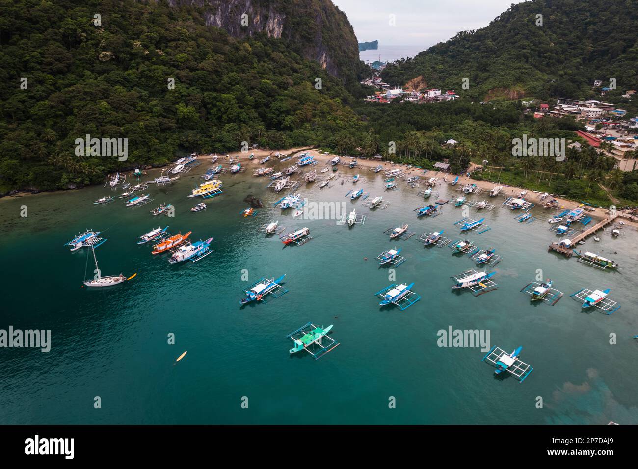 In the photo, a vibrant tropical boat with a thatched roof is anchored ...