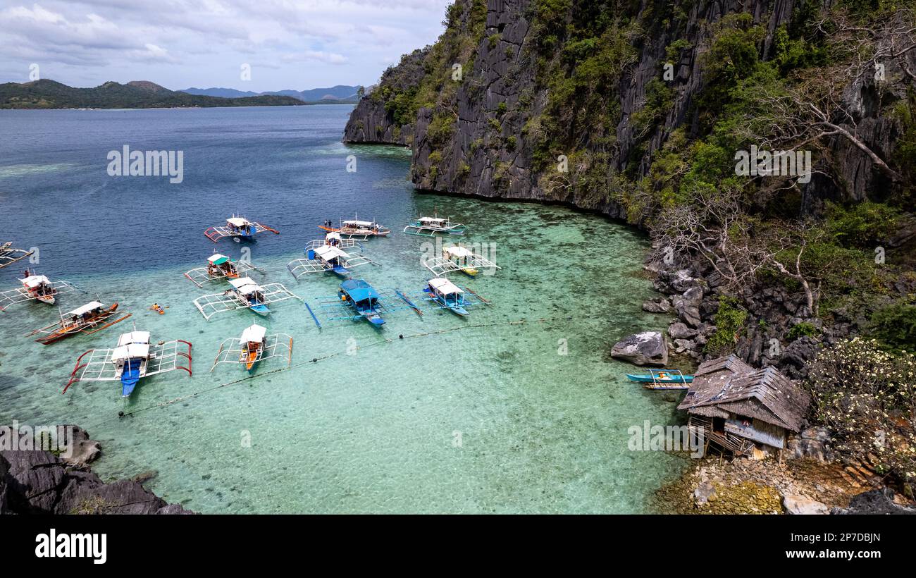 In the photo, a vibrant tropical boat with a thatched roof is anchored ...