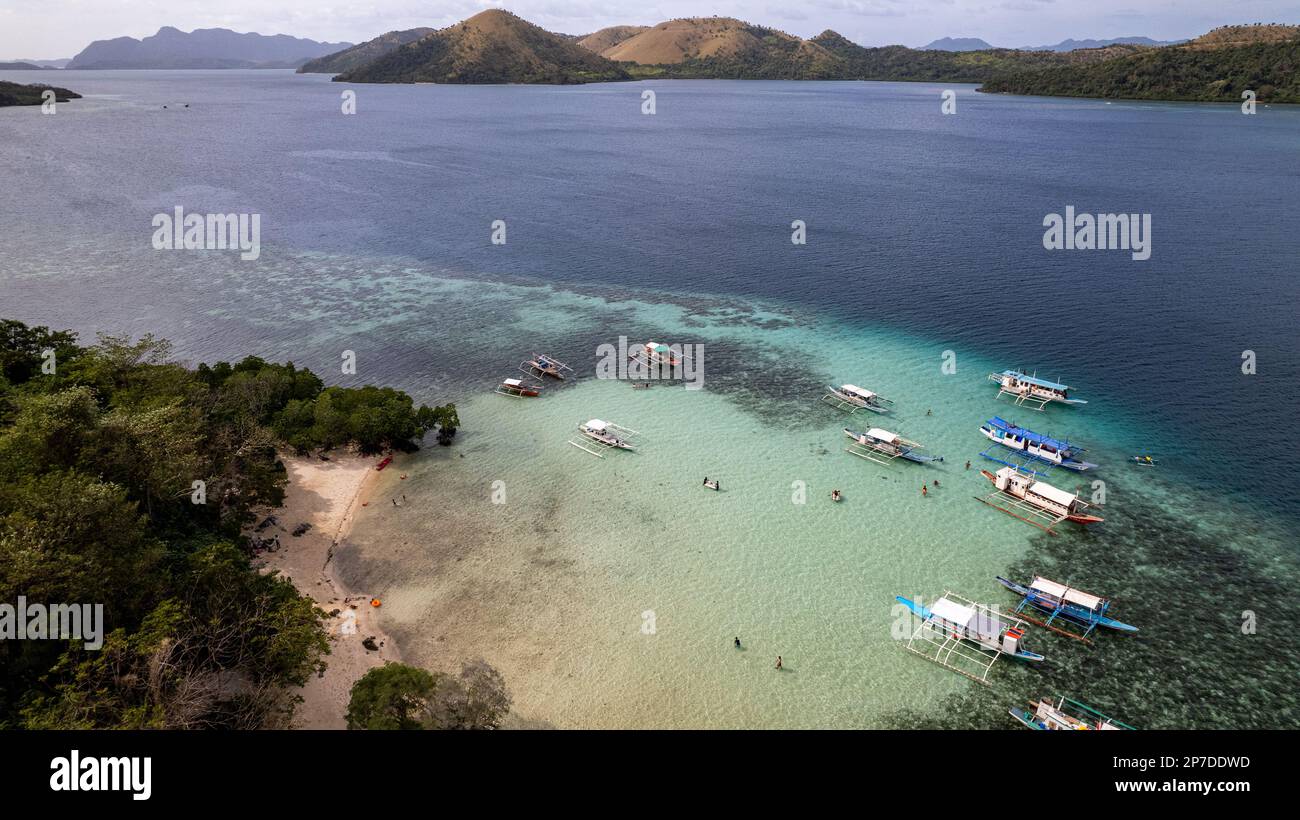 In the photo, a vibrant tropical boat with a thatched roof is anchored ...