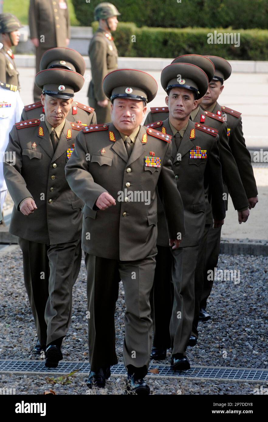 Head of North Korean delegate Col. Ri Shin Kwon, center, and others ...