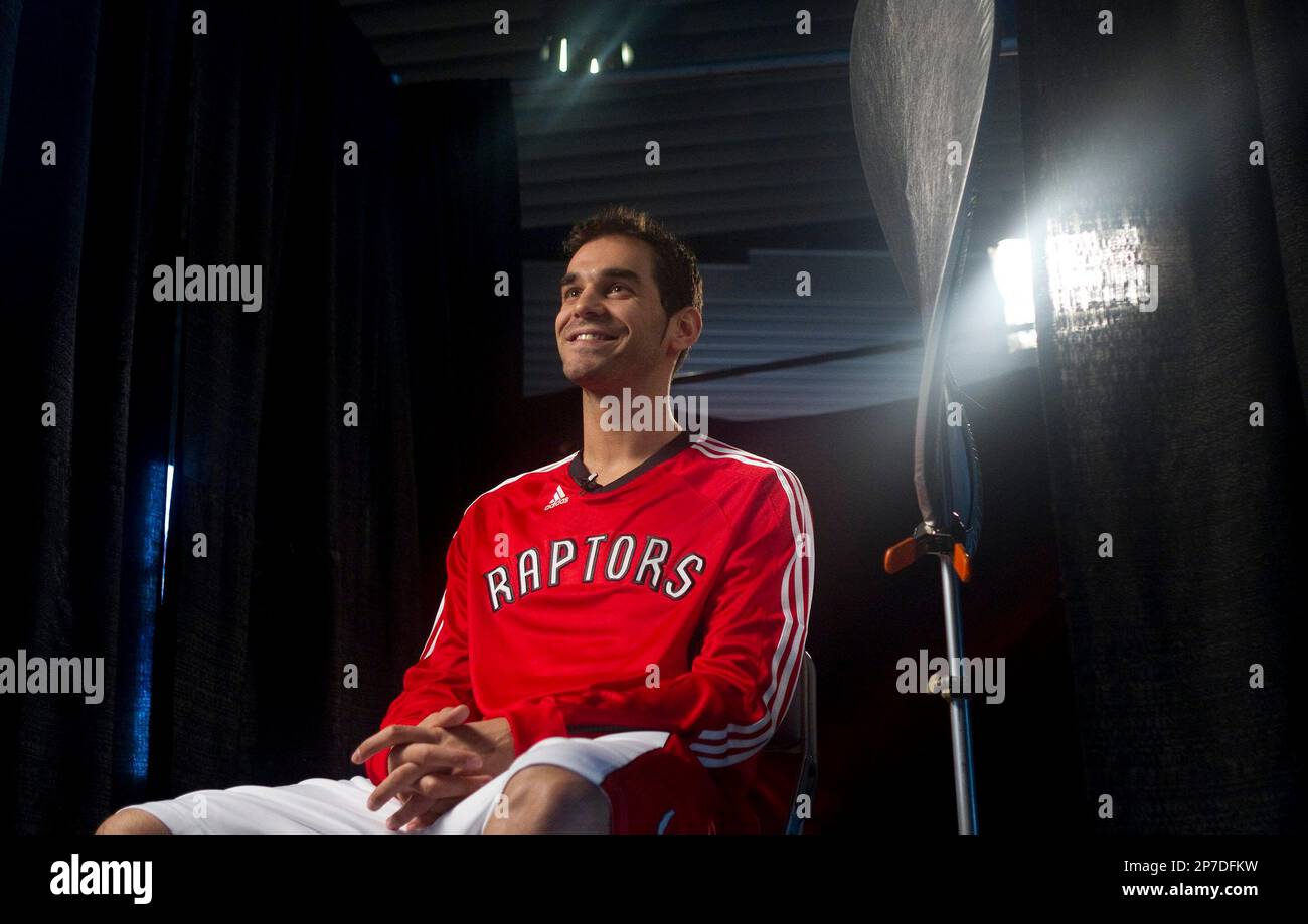 Toronto Raptors guard Jose Calderon, of Spain, is interviewed by a ...