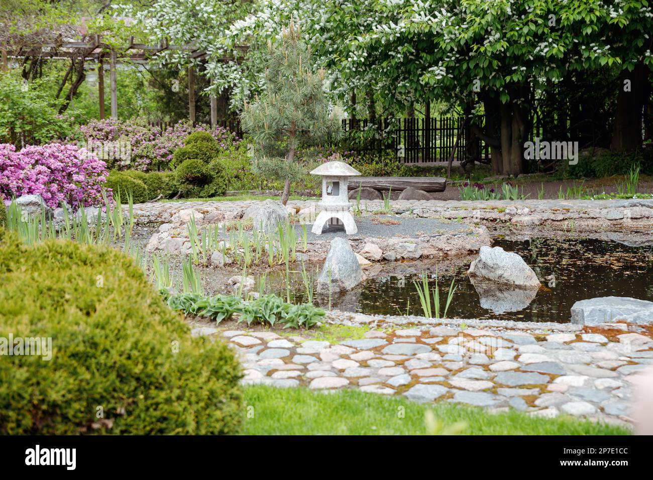 traditional zen garden stone lantern in Japanese park. lantern and ...