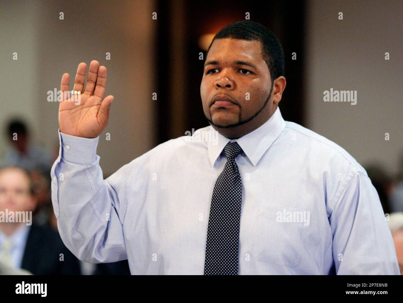 Haliburton cementer Nathaniel Chaisson is sworn in during the Deepwater ...