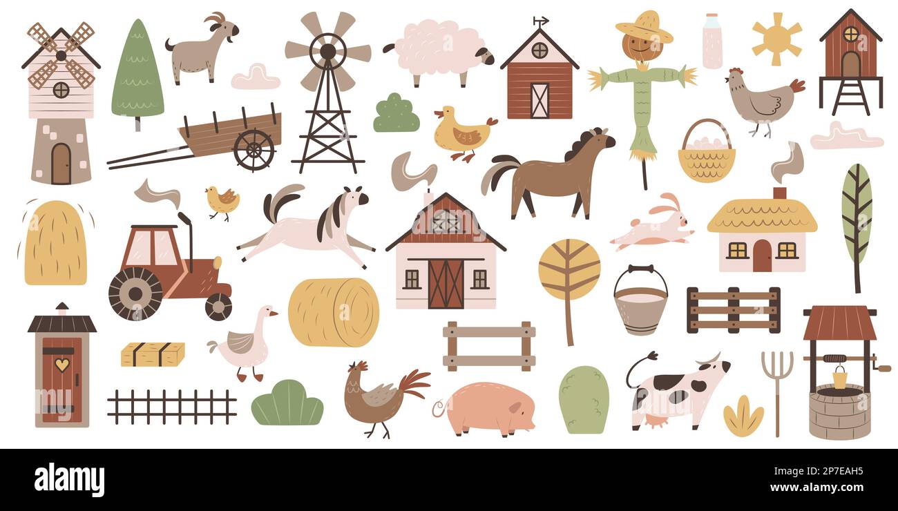 A large collection of farm or ranch objects, animals, plants and ...