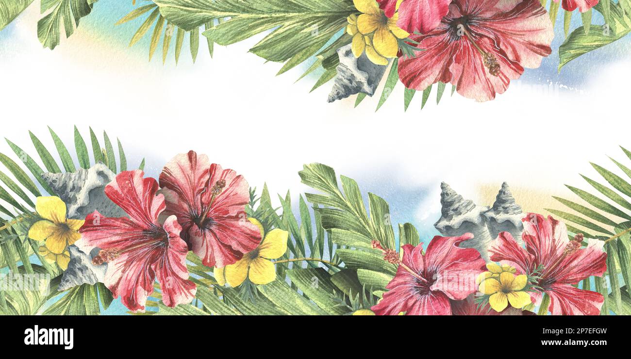 Tropical palm leaves with red hibiscus flowers and seashells ...