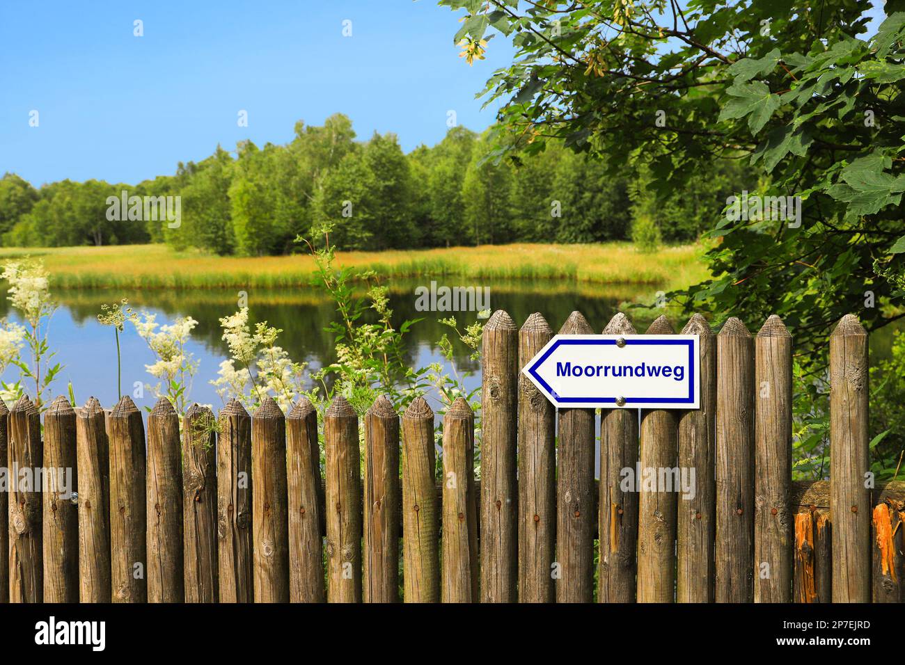 View to the Red Moor with the guide post Circular Hiking Trail, Rhön ...