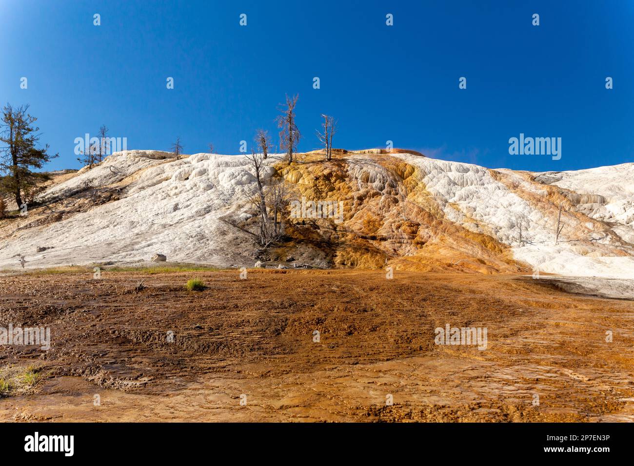 Lava flow of Mammoth Falls at Yellowstone Nartional Park under a clear ...
