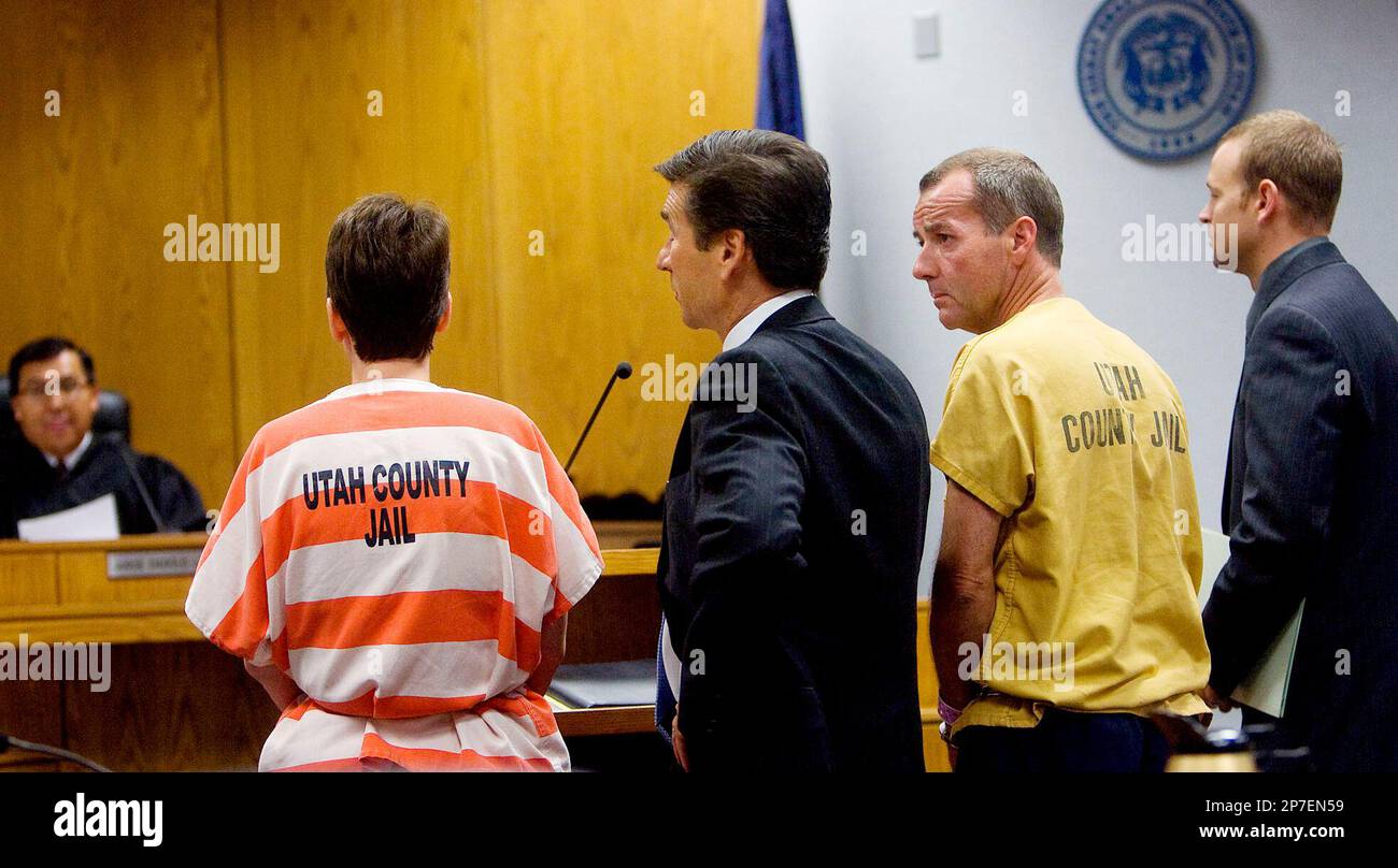 From left, defendant Pam Mortenson, defense attorney Greg Skodas ...