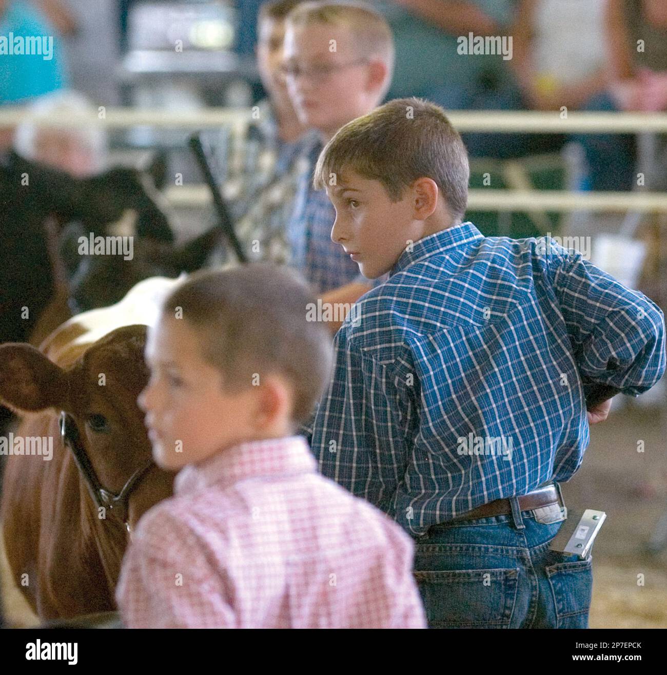 Cole Saye, right center, watches the judge in the 8-year-old bucket ...