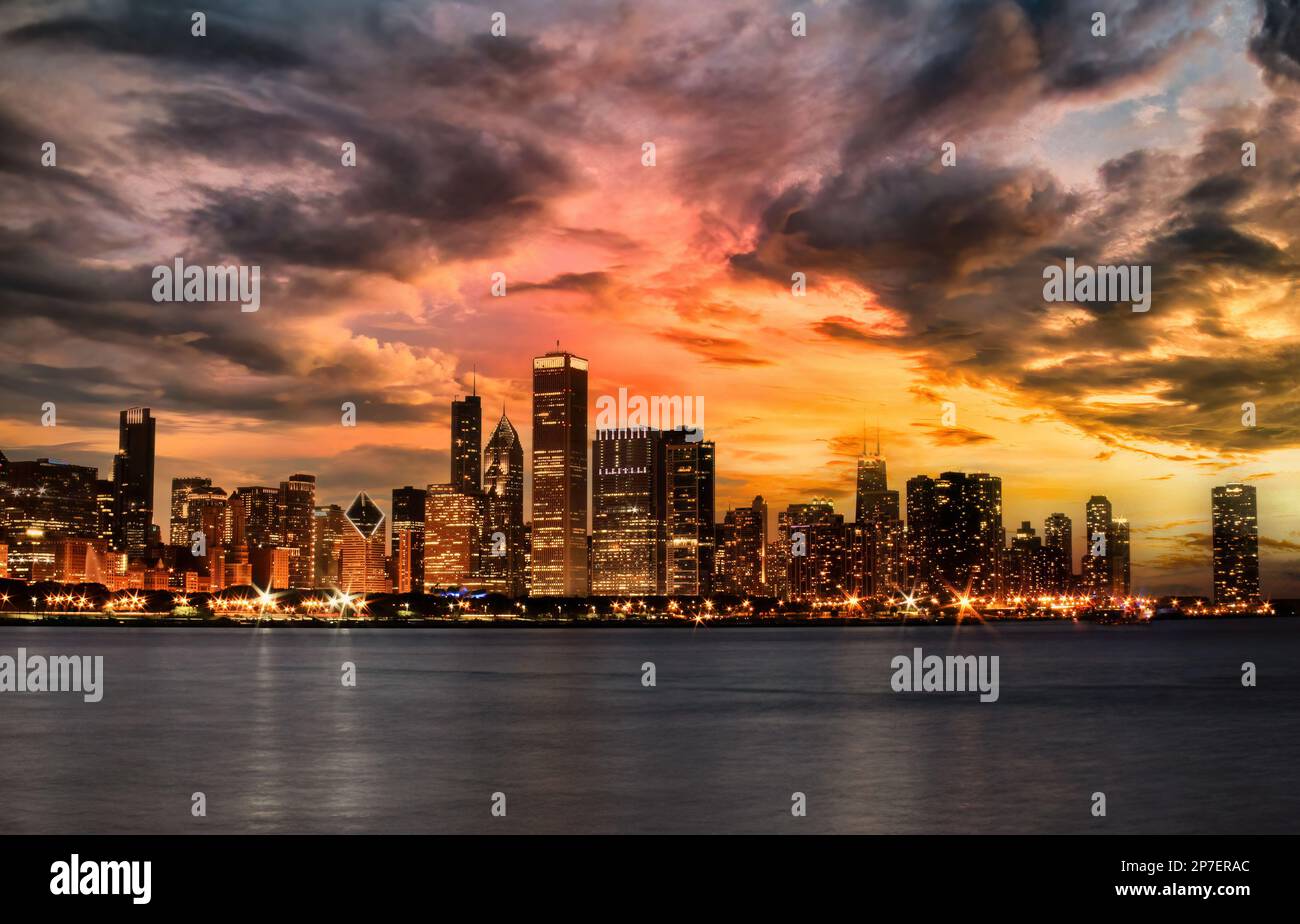 Chicago skyline during an incoming storm with golden sunset Stock Photo ...