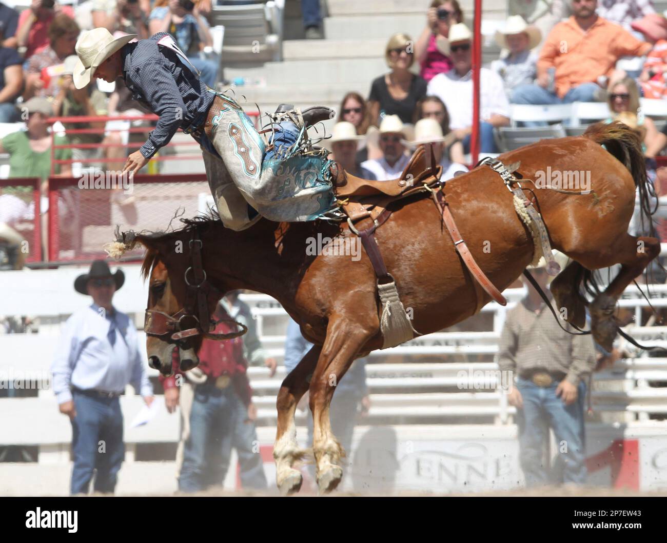 Clint Lear of Anderson, CA goes over the top of his horse in the rookie ...