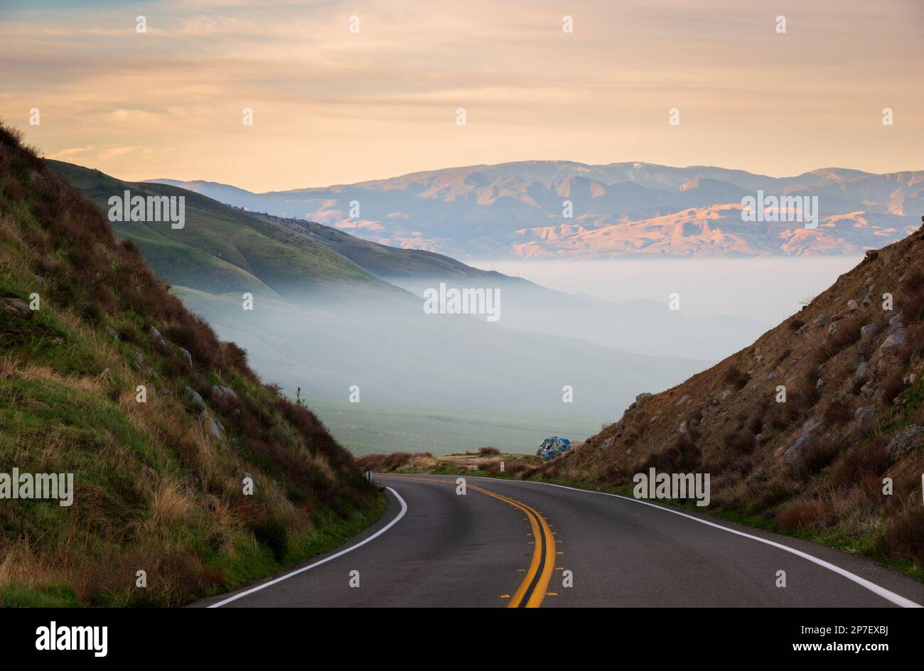 California chaparral with a Winding Road and Morning Fog Stock Photo ...