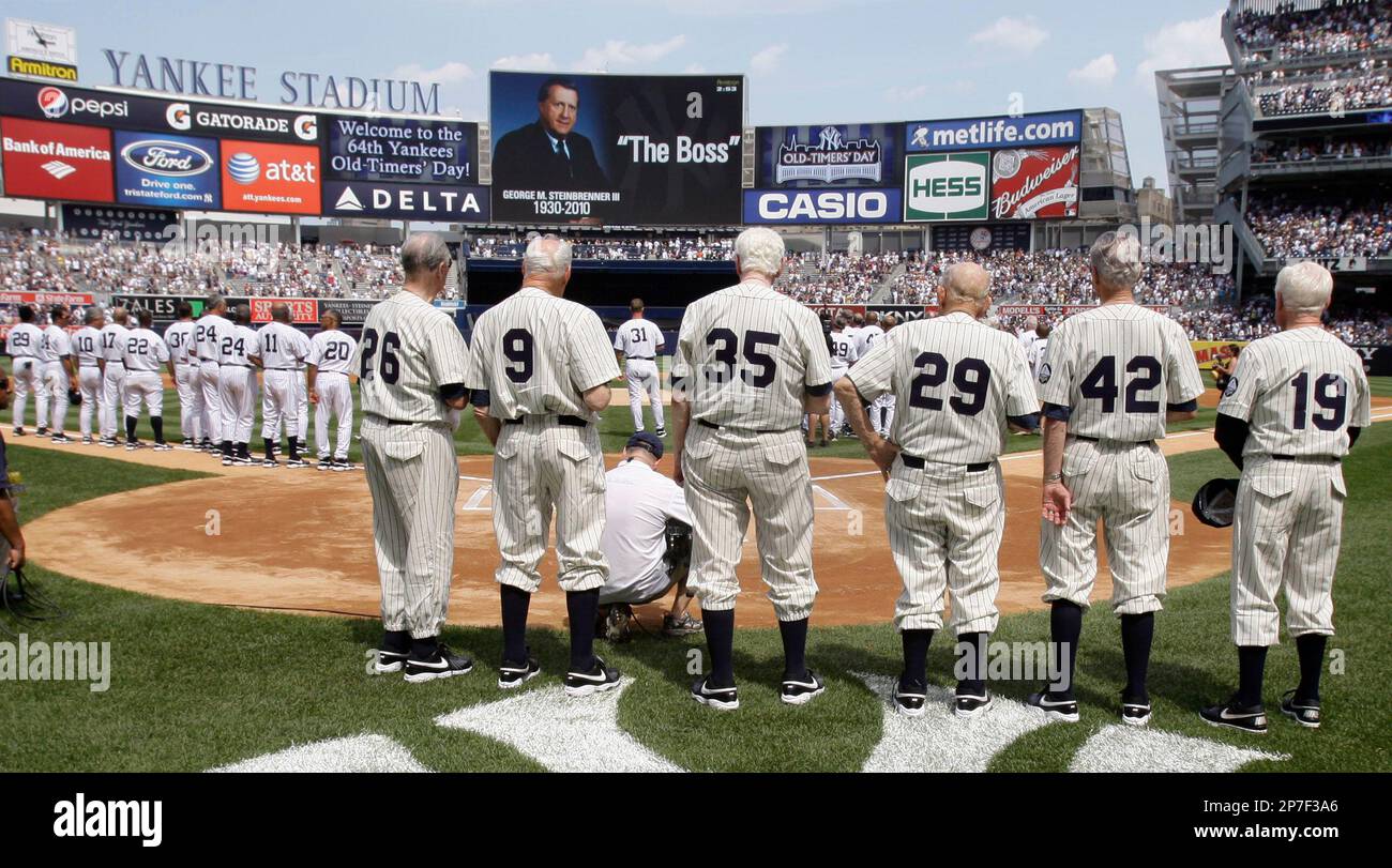 Retired New York Yankees players, left to right, Don Johnson, Hank ...