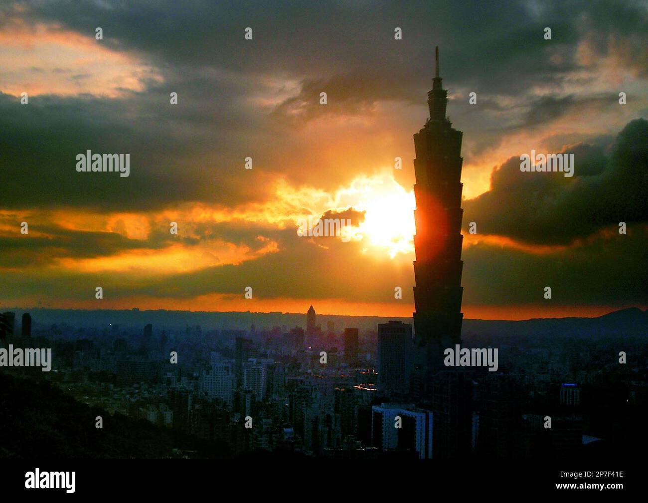 The landmark Taipei 101 building is seen in the sunset after a ...