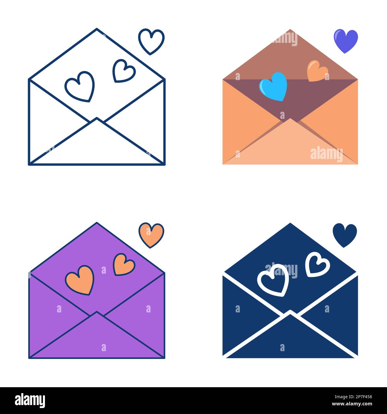 Envelope with hearts icon set in flat and line style. Love letter ...