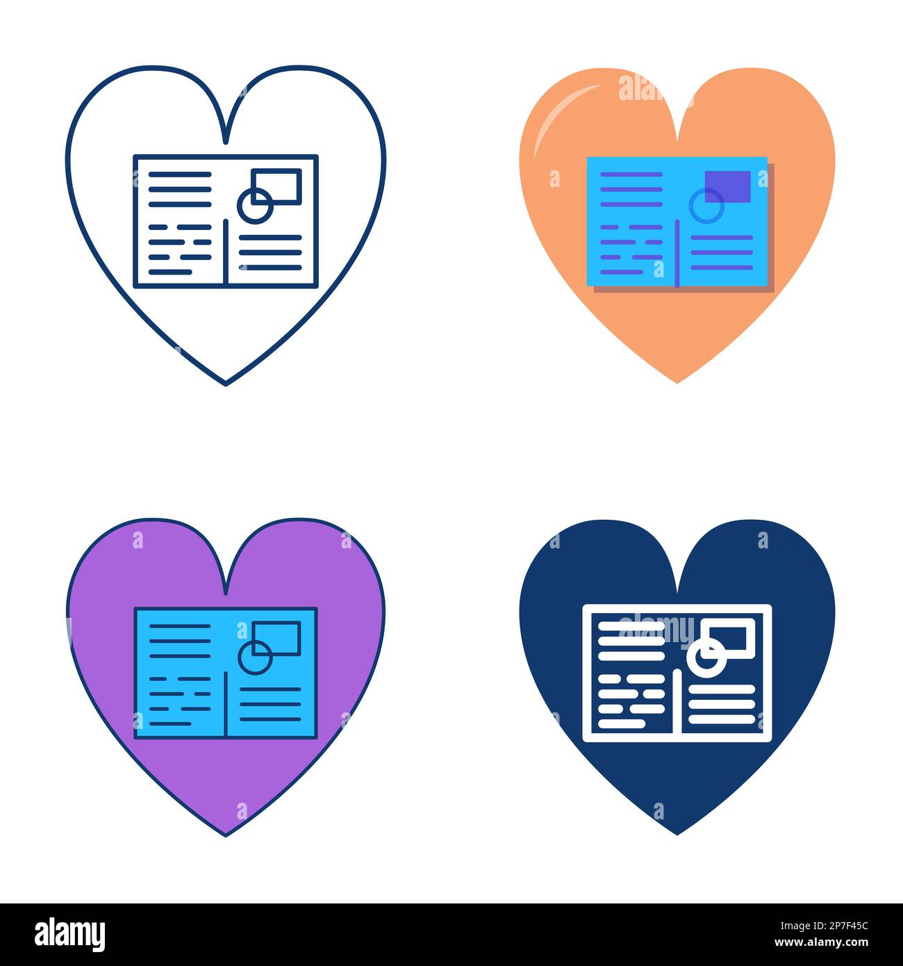 Postcard in a heart icon set in flat and line style. Love letter ...