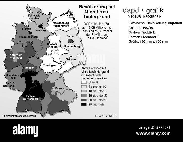 GRA4 GRAFIK BEVOELKERUNG MIGRATION - Deutschlandkarte mit Einfaerbung der Regierungsbezirke nach ...