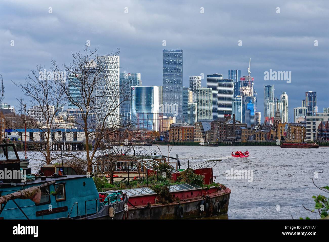 Canary Wharf as viewed along the River Thames from Bermondsey, East ...
