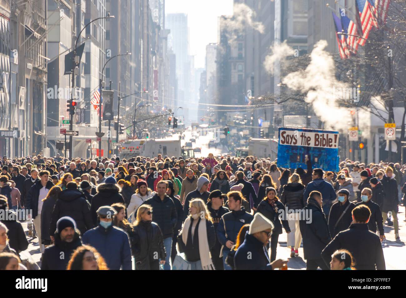 Crowd of People visit to the Holiday Season Open Street on Fifth Avenue ...