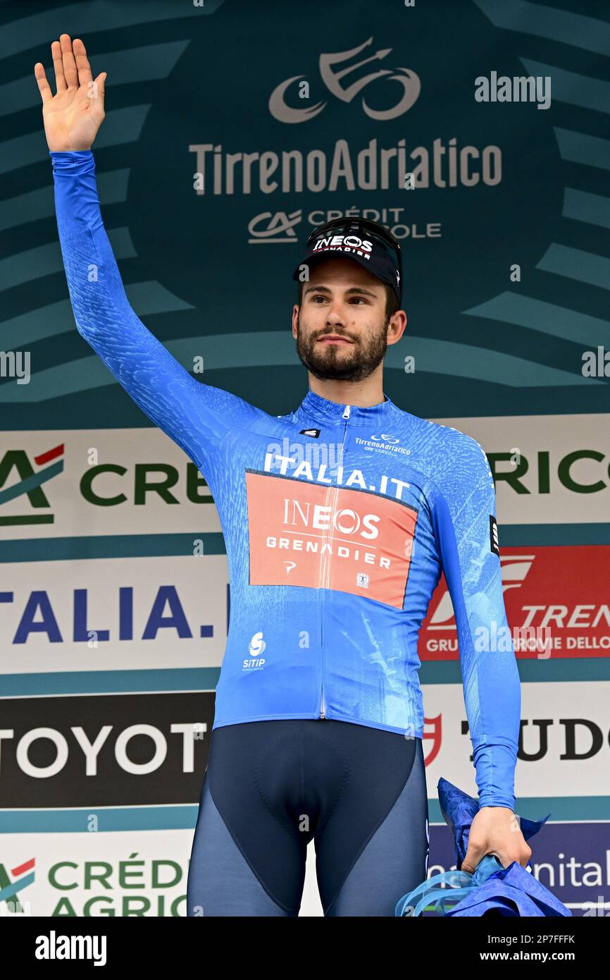 Italian Filippo Ganna of Ineos Grenadiers celebrates on the podium ...