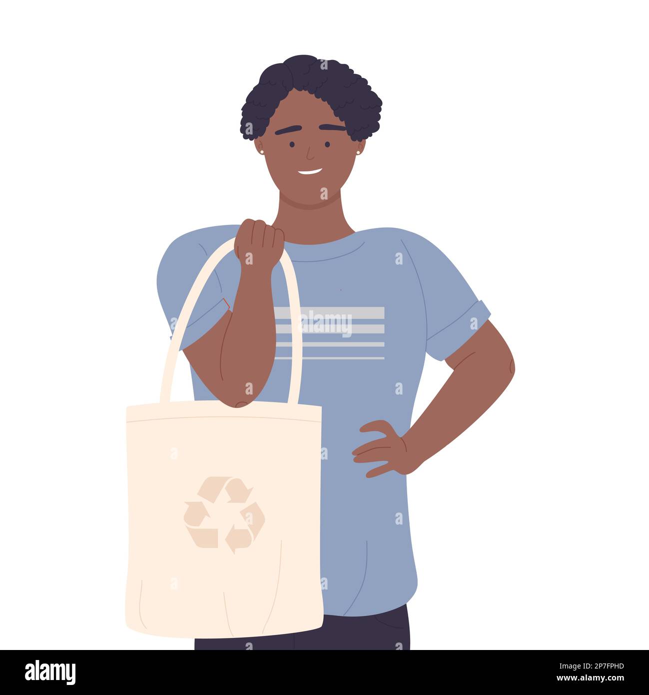 Man with eco bag. Waste management, nature protection, recycle sign ...