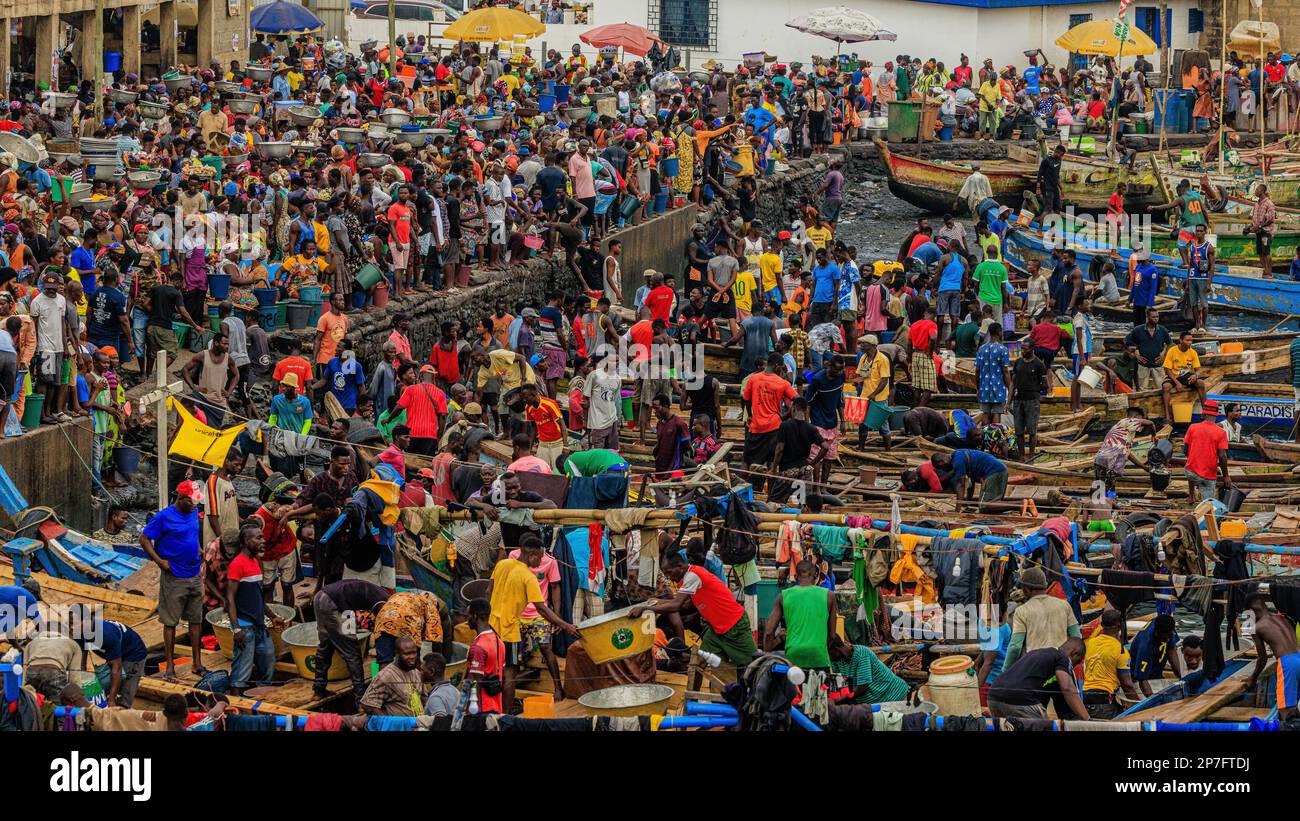 overhead view of bustling fishing port and market of elmina ghana ...