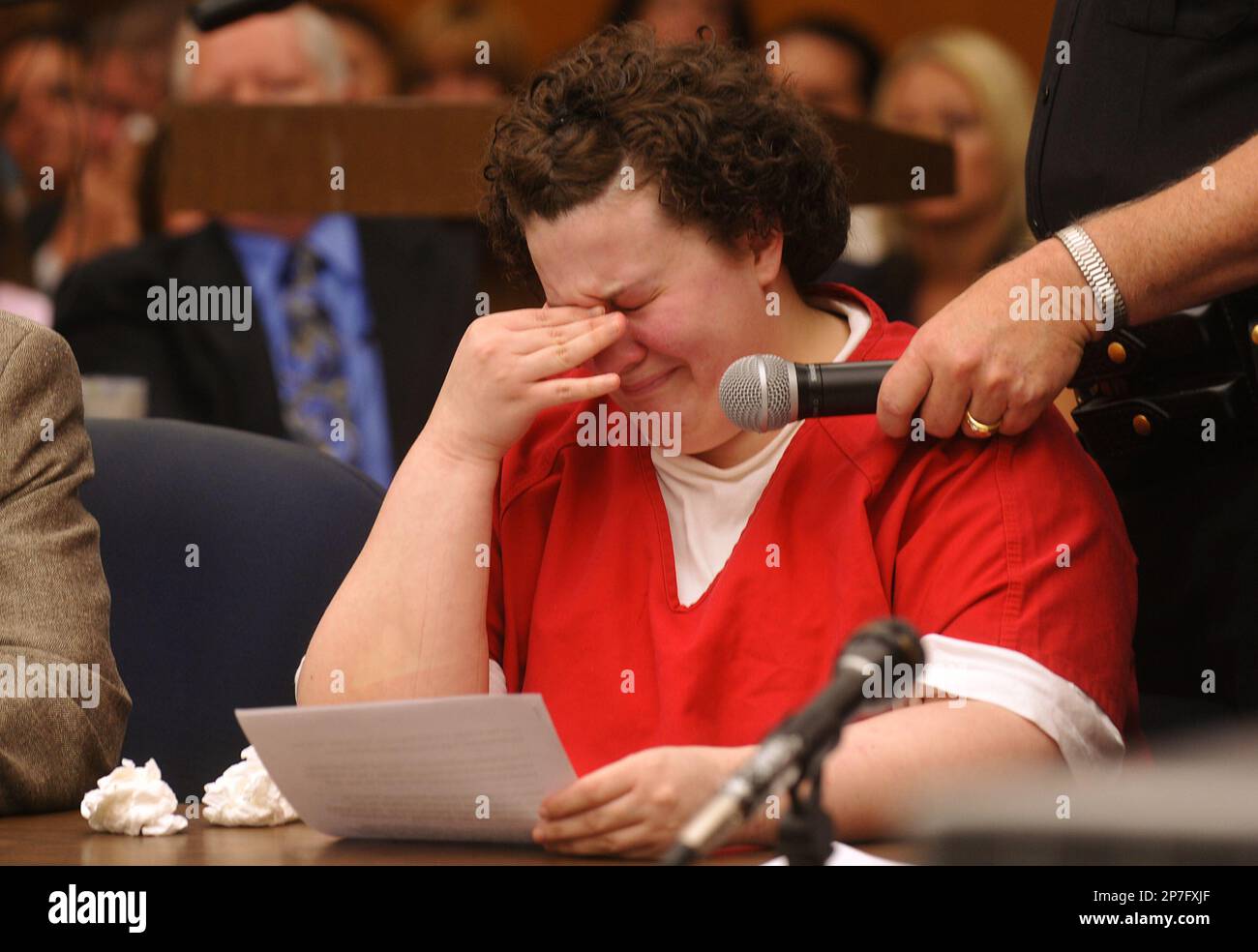 Melissa Huckaby reads a statement at her sentencing in the San Joaquin ...