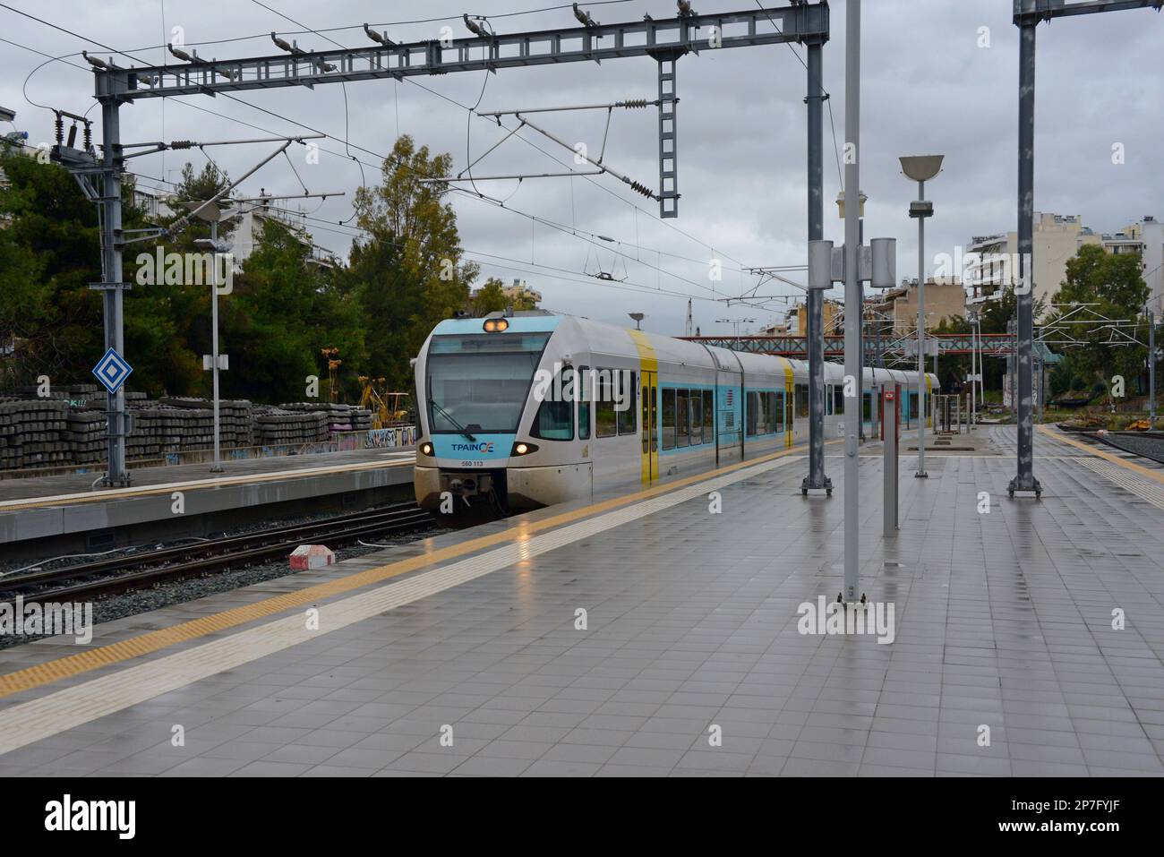 A Siemens Desiro train operating a suburban service at Athens Central ...