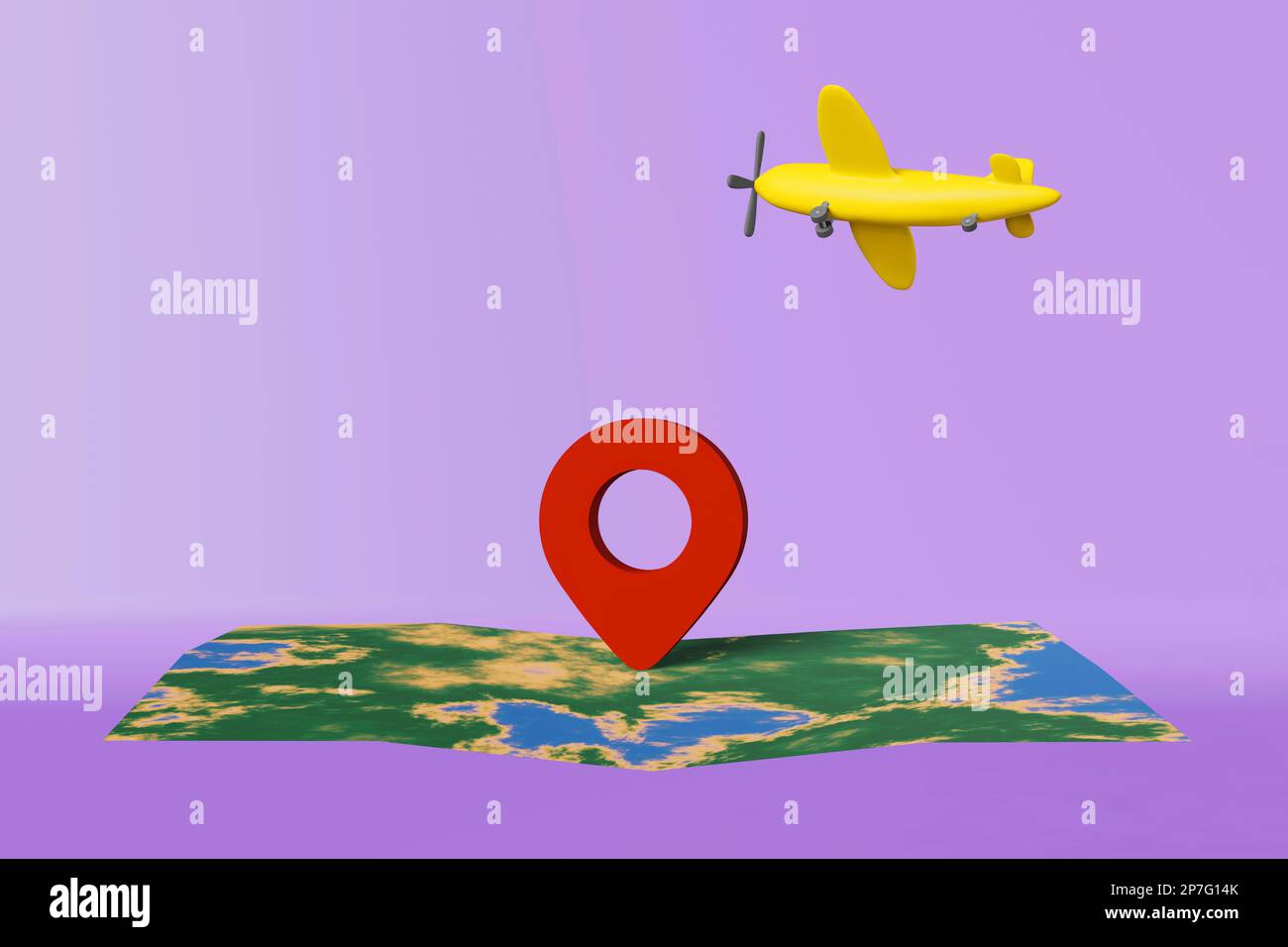 Map with geolocation pin point flying airplane 3d rendering banner ...