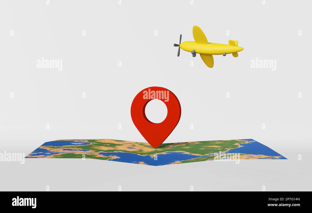Map with geolocation pin point flying airplane 3d rendering banner ...