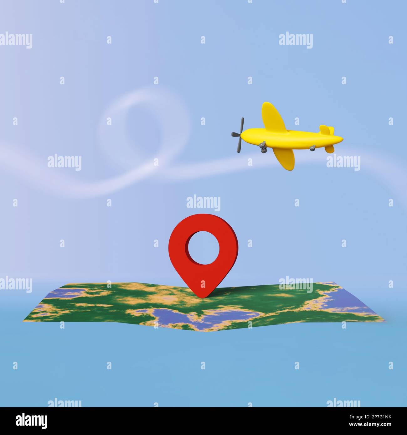 Map with geolocation pin point flying airplane 3d rendering banner ...