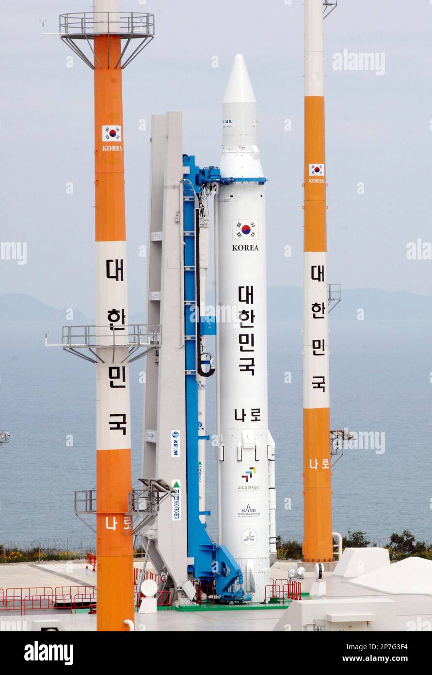 The Korea Space Launch Vehicle-1, South Korea's second space rocket, sits on its launch pad at ...