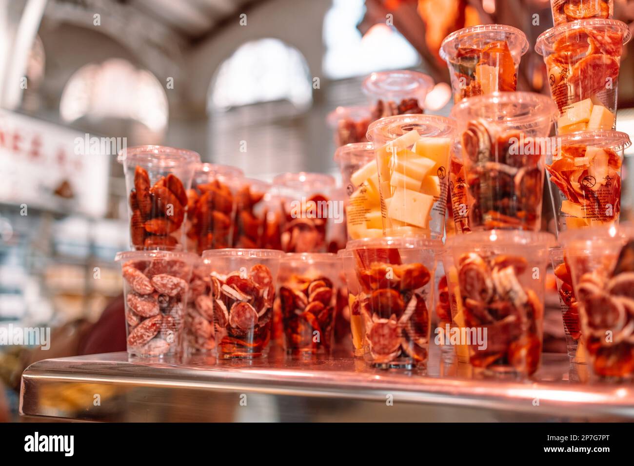 Traditional spanish chorizo, jamon and cheese snacks for takeaway on ...