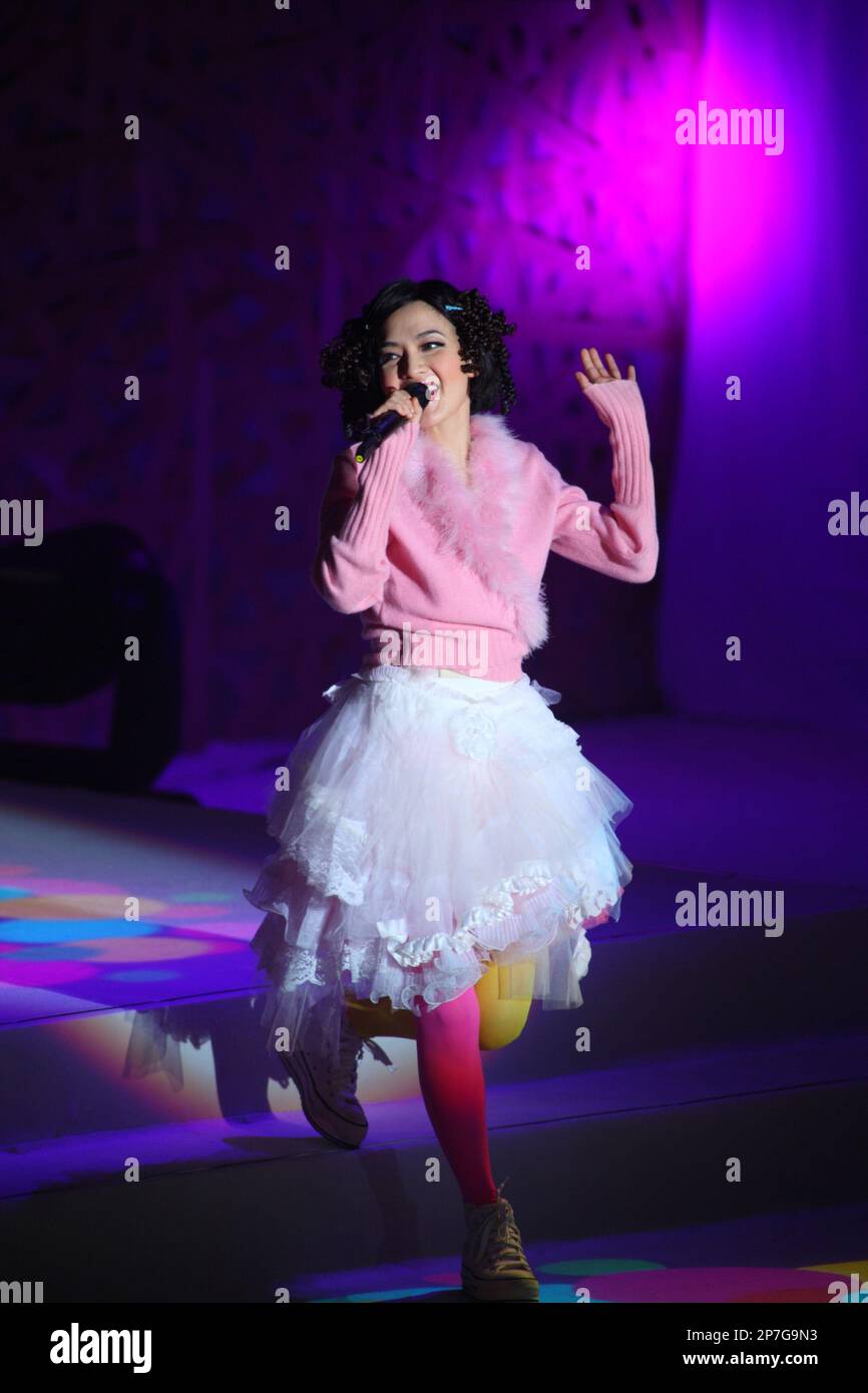 Taiwan popular singer Mavis Fan performs during her concert in Chengdu ...