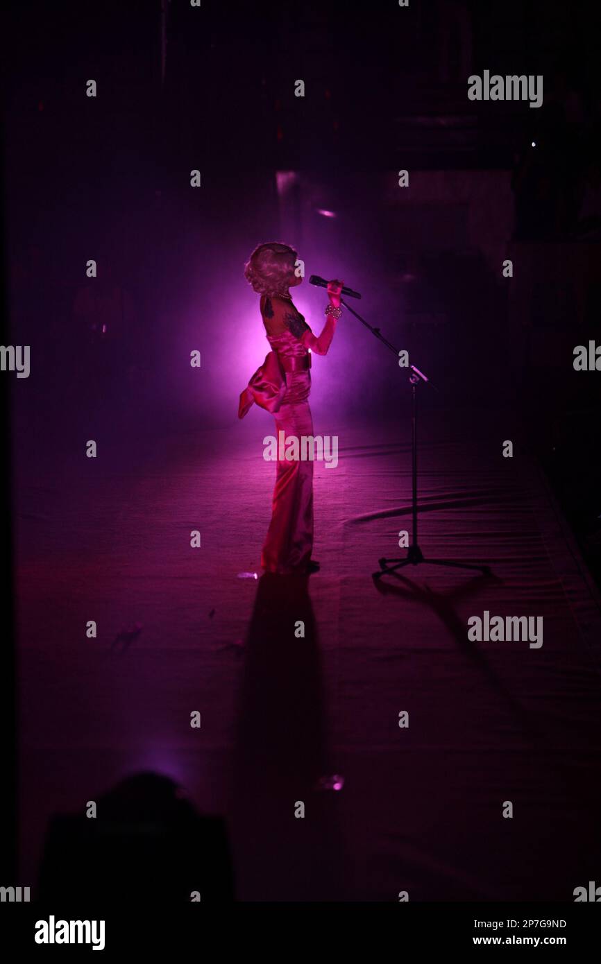 Taiwan popular singer Mavis Fan performs during her concert in Chengdu ...