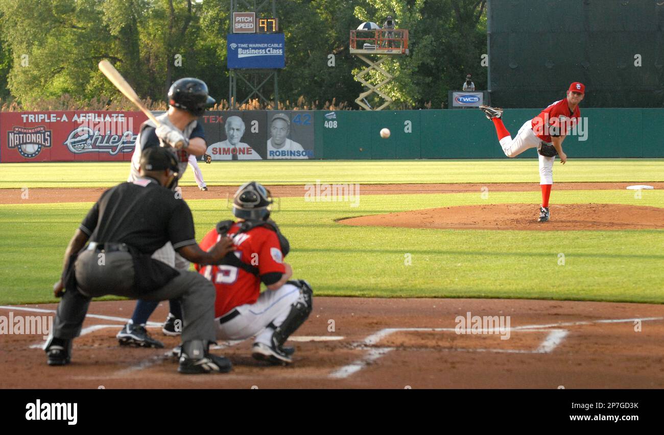 Syracuse Chiefs starting pitcher Stephen Strasburg watches a delivery ...