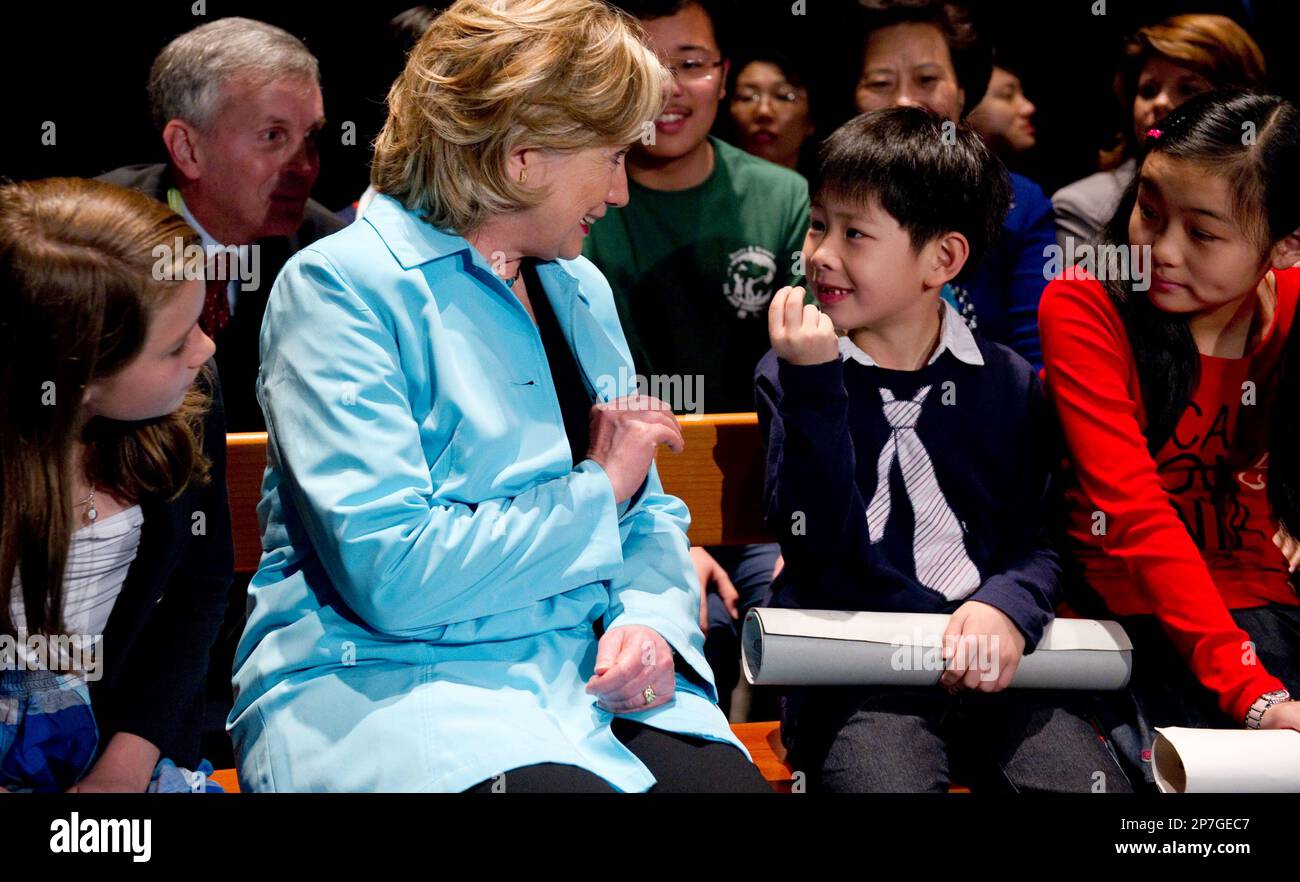U.S. Secretary of State Hillary Rodham Clinton speaks to visitors ...