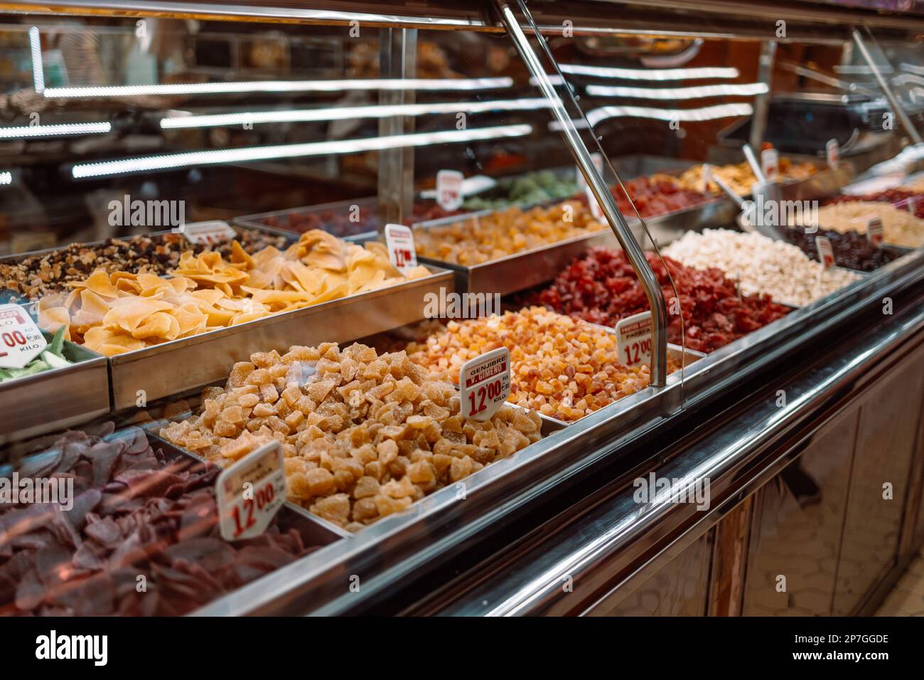 La Boqueria. Massive stall full of different dried fruits and nuts ...