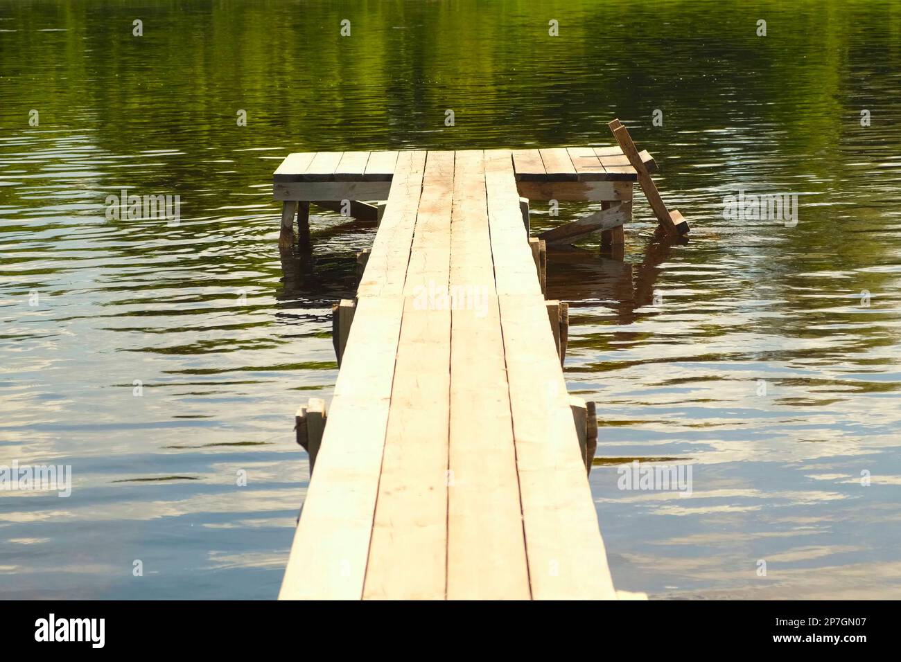 Old small Wooden Pier. No People. Beautiful Empty wood dock on River ...