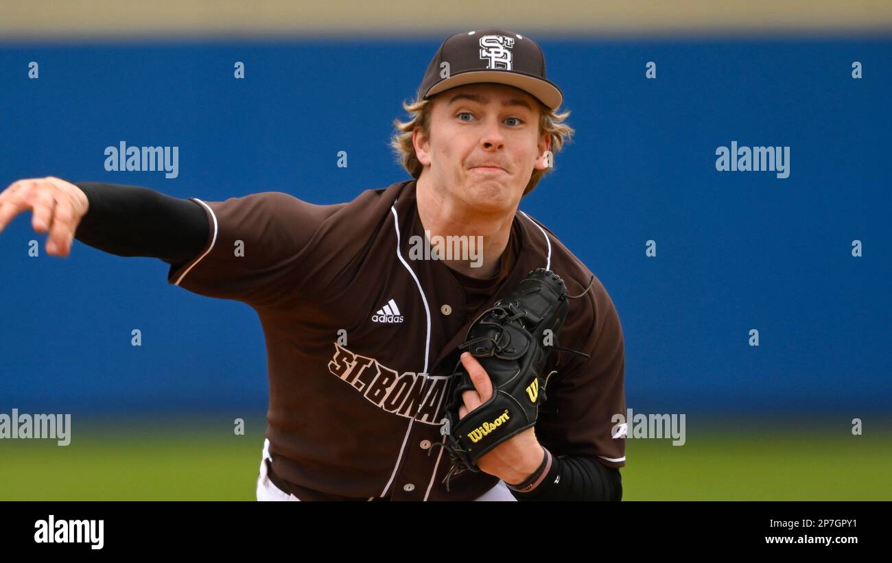 St Bonaventure's Bryce Hediger plays in an NCAA baseball game against ...