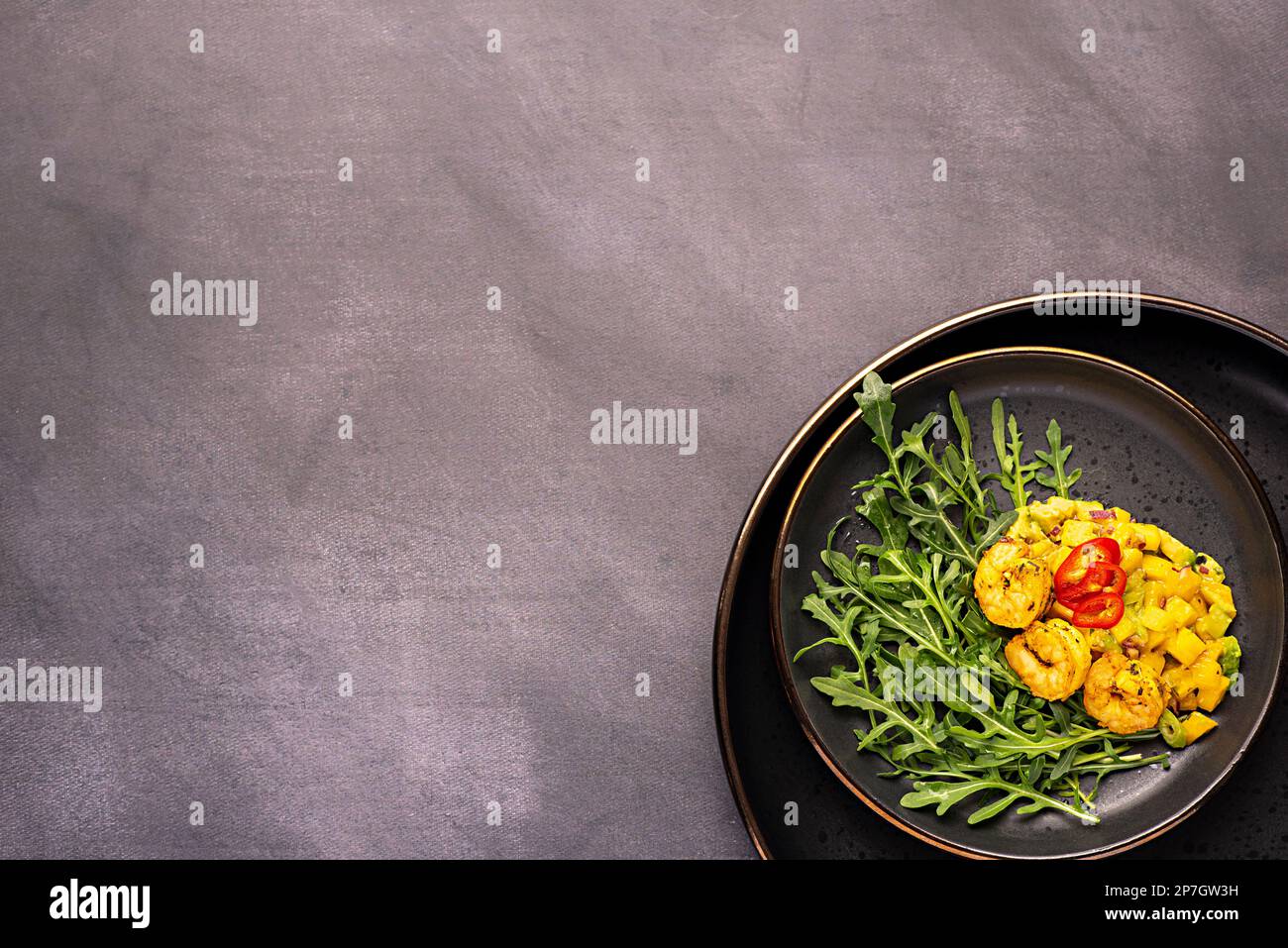 Blank food photography of salad, salsa, mango, avocado, shrimp, prawn ...