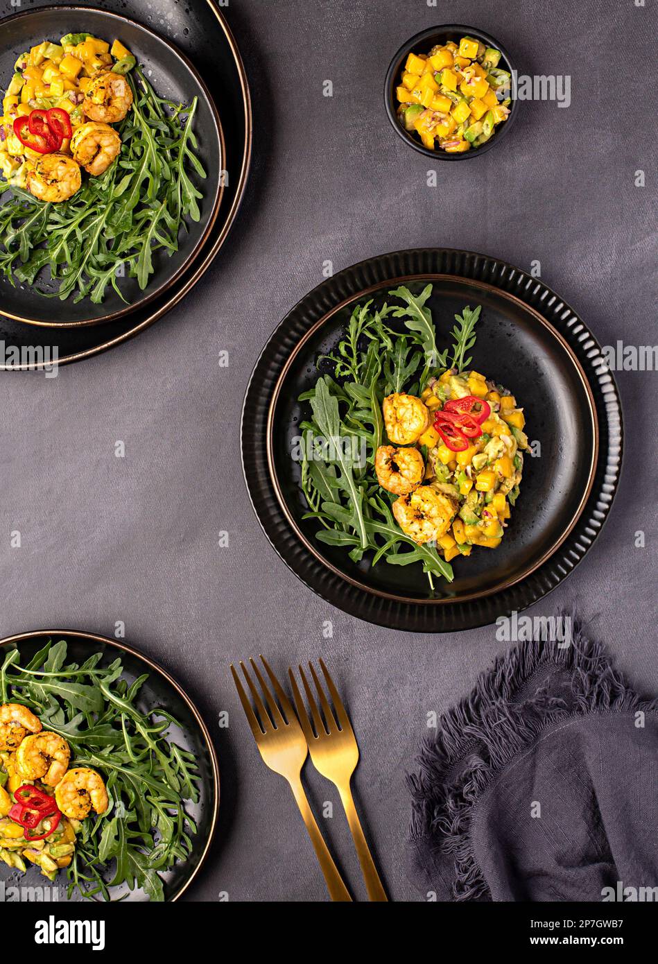 Food photography of salad, salsa, mango, avocado, shrimp, prawn ...