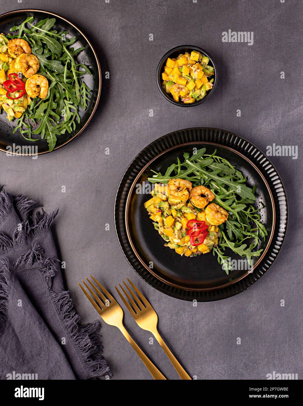 Food photography of salad, salsa, mango, avocado, shrimp, prawn ...