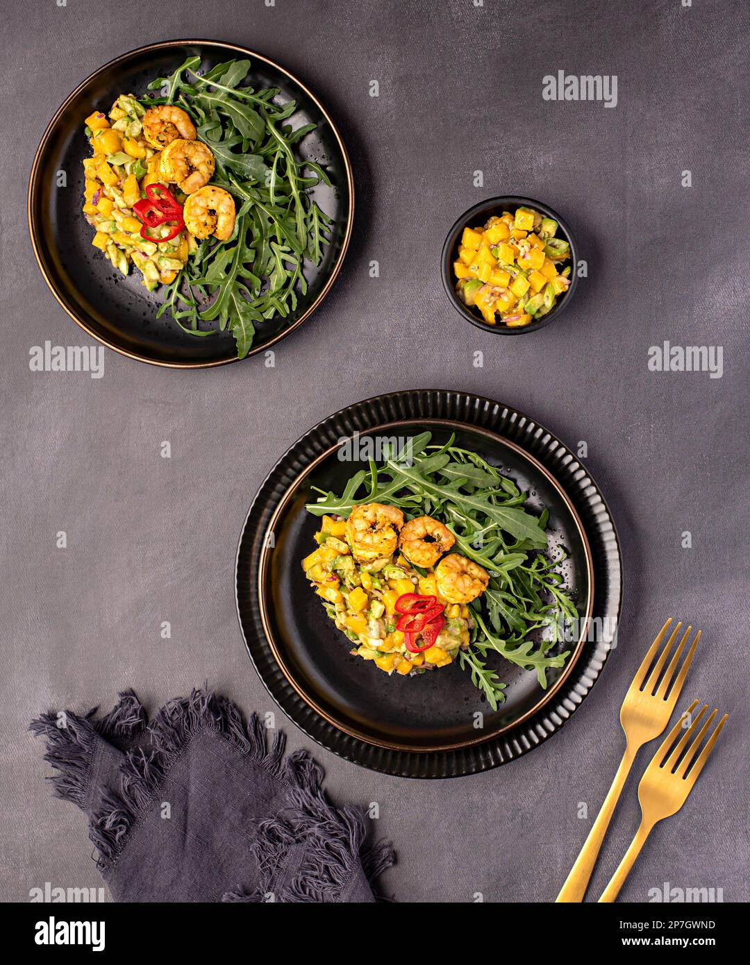 Food photography of salad, salsa, mango, avocado, shrimp, prawn ...