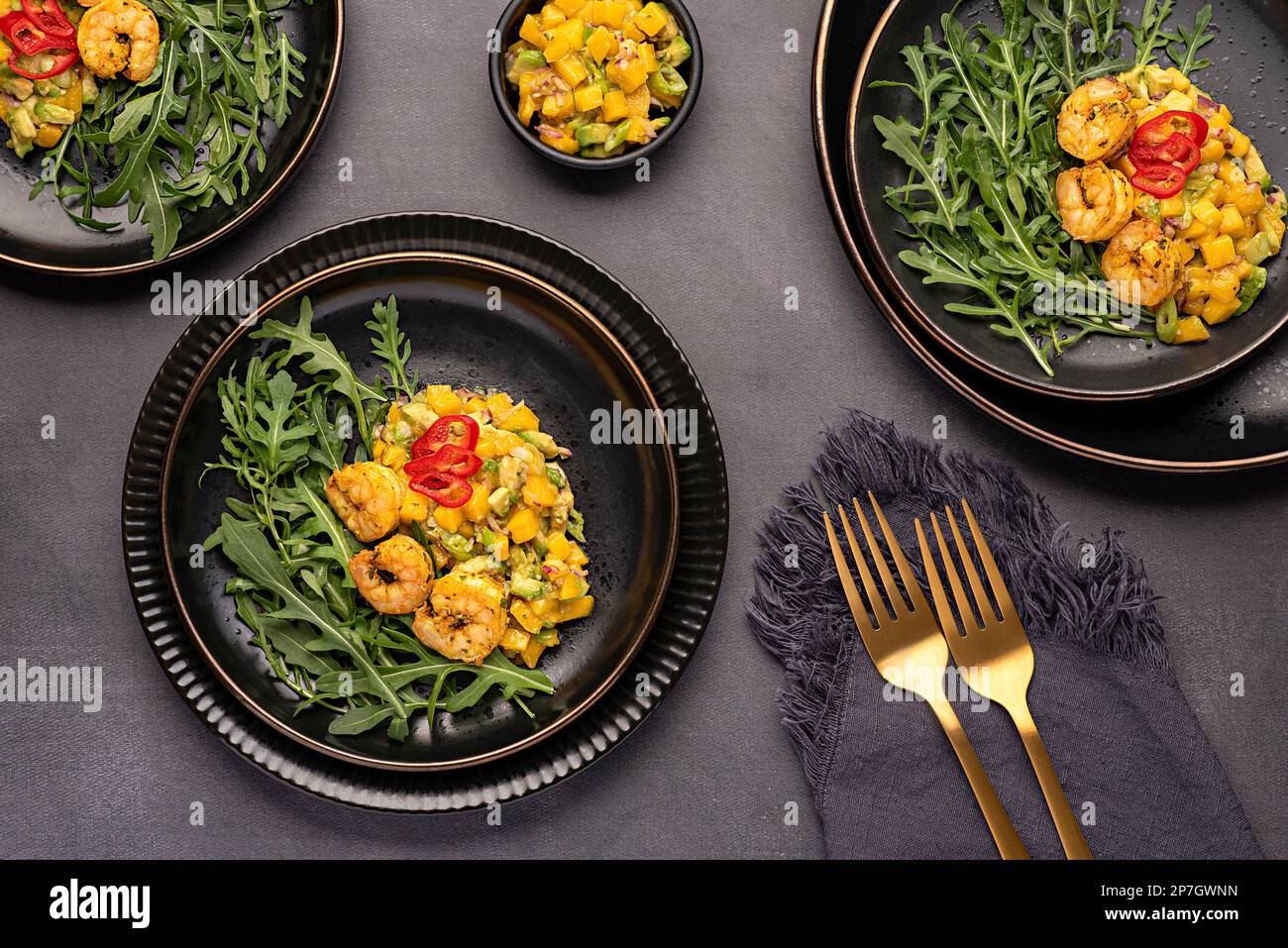 Food photography of salad, salsa, mango, avocado, shrimp, prawn ...