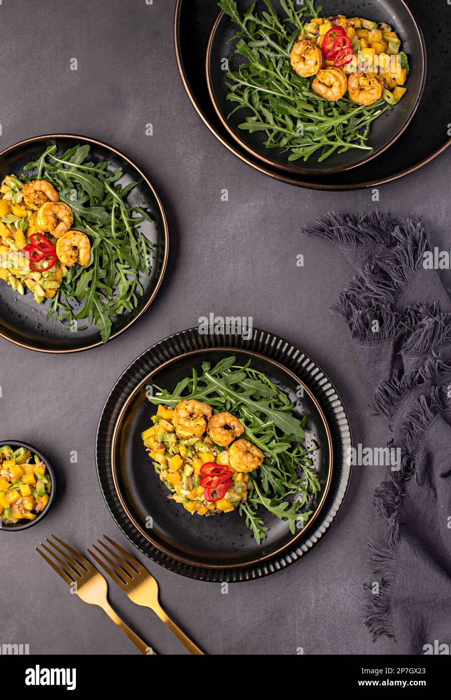 Food photography of salad, salsa, mango, avocado, shrimp, prawn ...