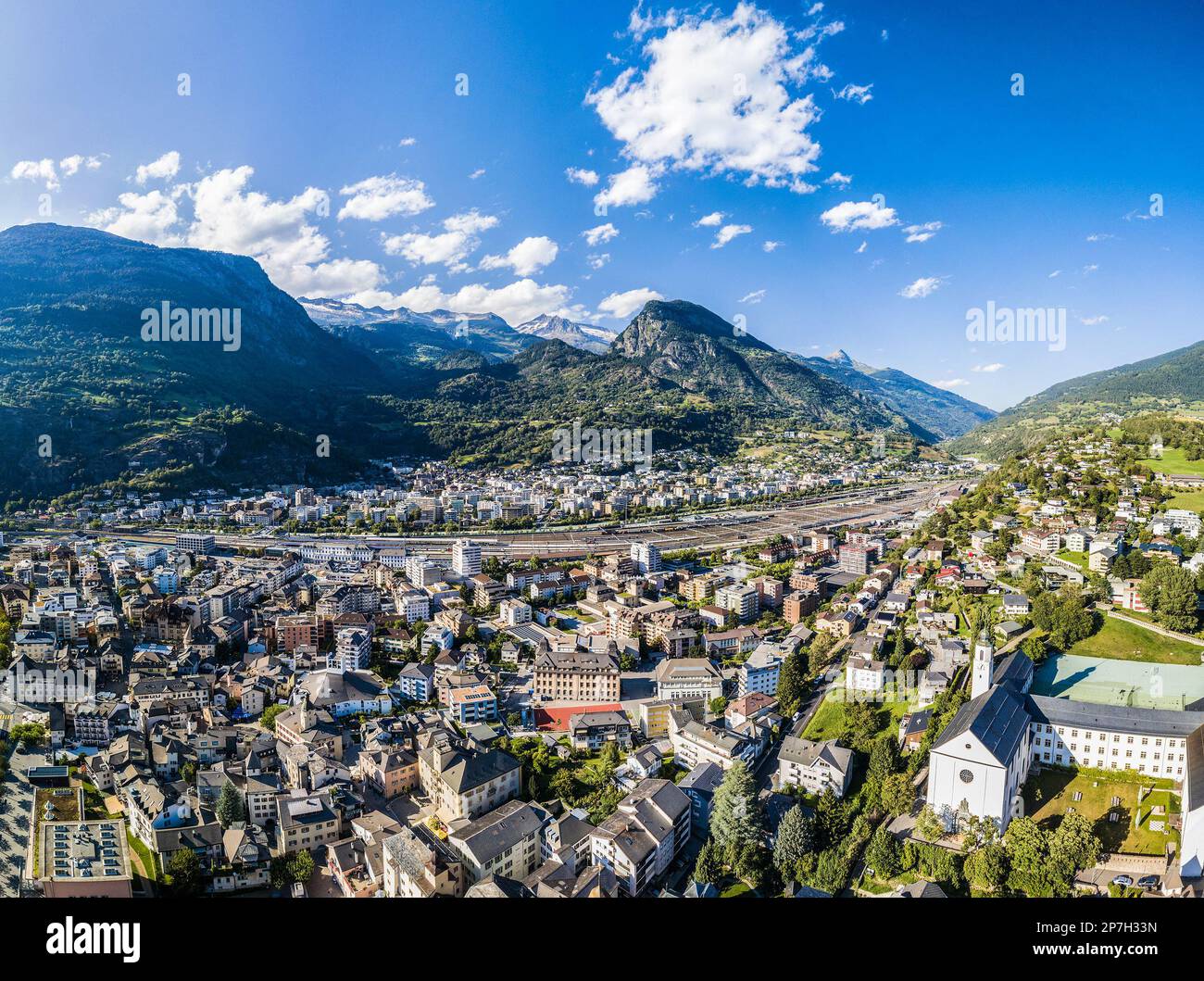 Aerial panorama image of the Swiss alpine town Brig in Canton Valais Stock Photo - Alamy