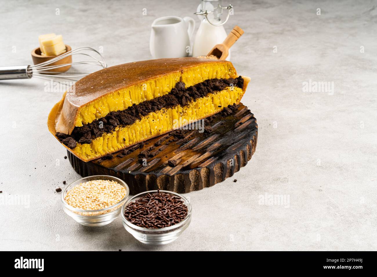 Martabak manis or terang bulan is indonesian sweet pancake, with yellow ...