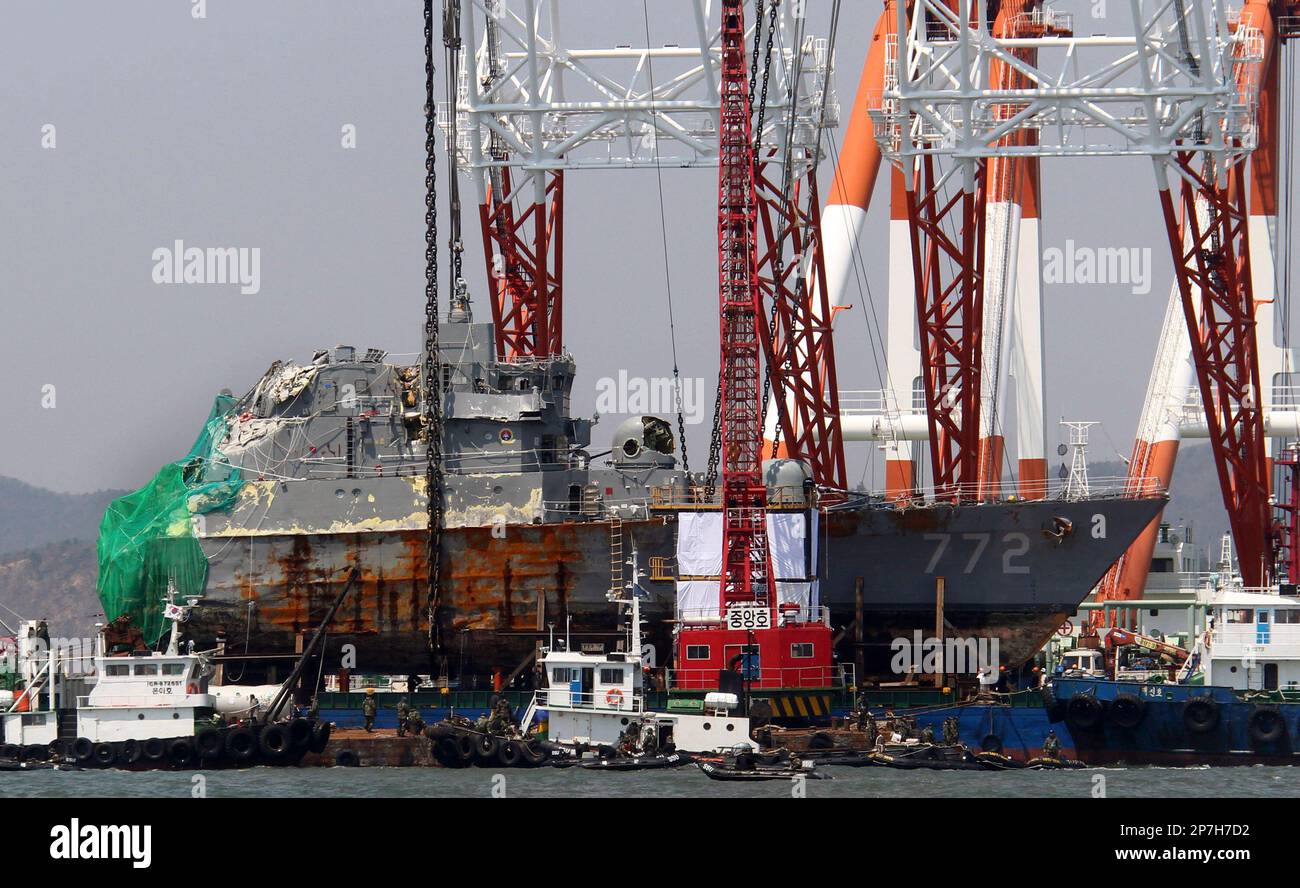 Portion of the sunken South Korean naval ship Cheonan is salvaged off ...
