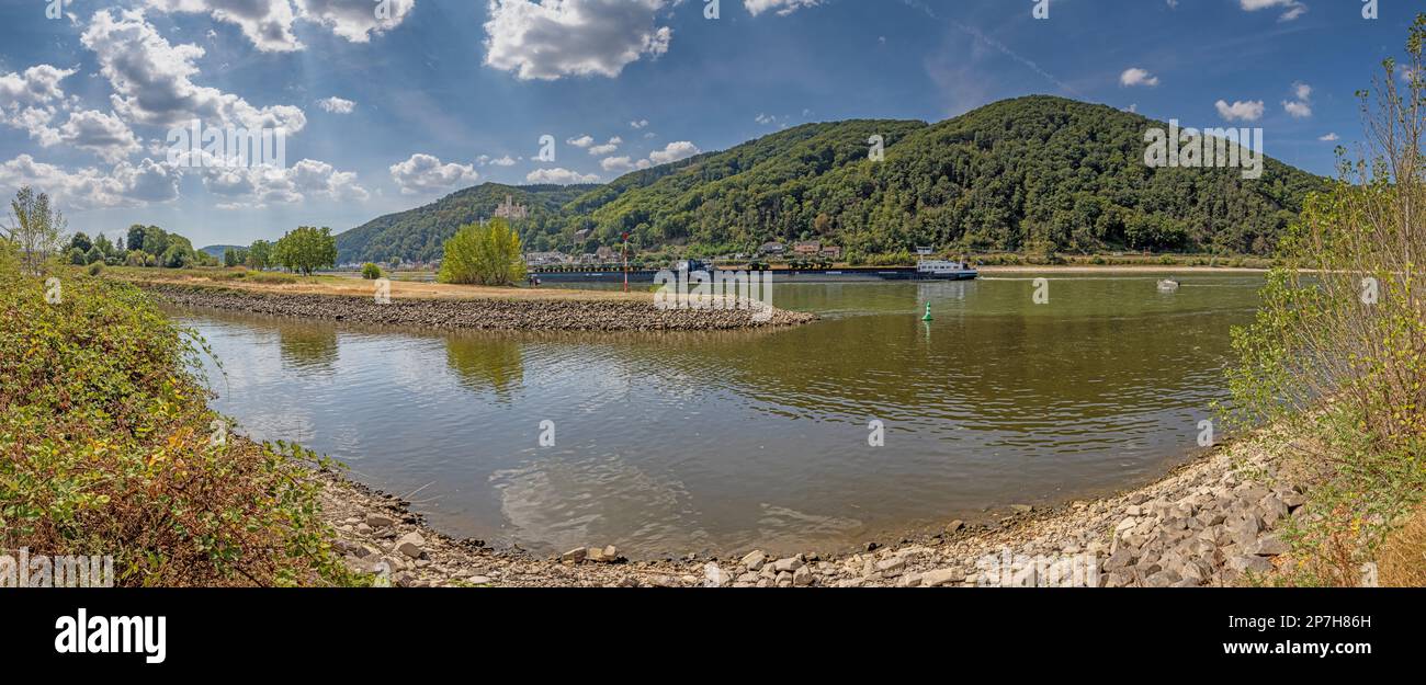 View of an inland transport ship on the Rhine near the mouth of the ...